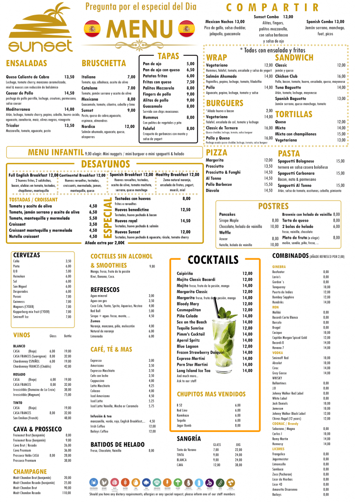 Spanish menu – SUNSET CAFE BANUS